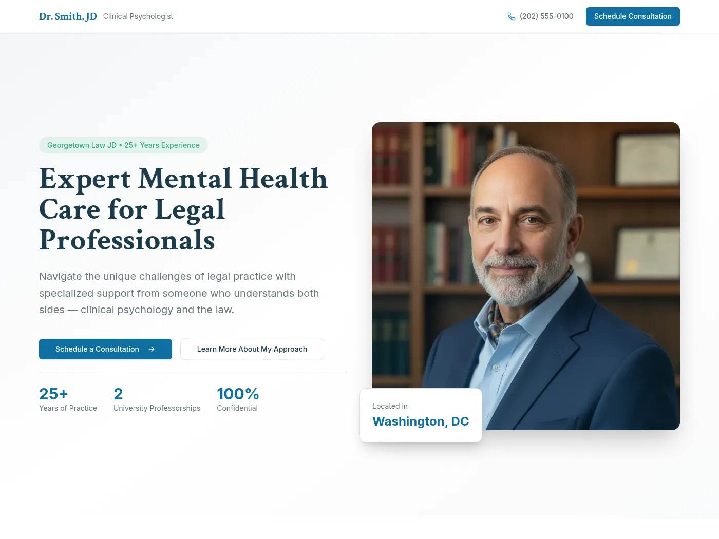 Lawyer Wellness & Mental Health Practice Website for Dr. Smith, JD, Clinical Psychologist, Washington DC