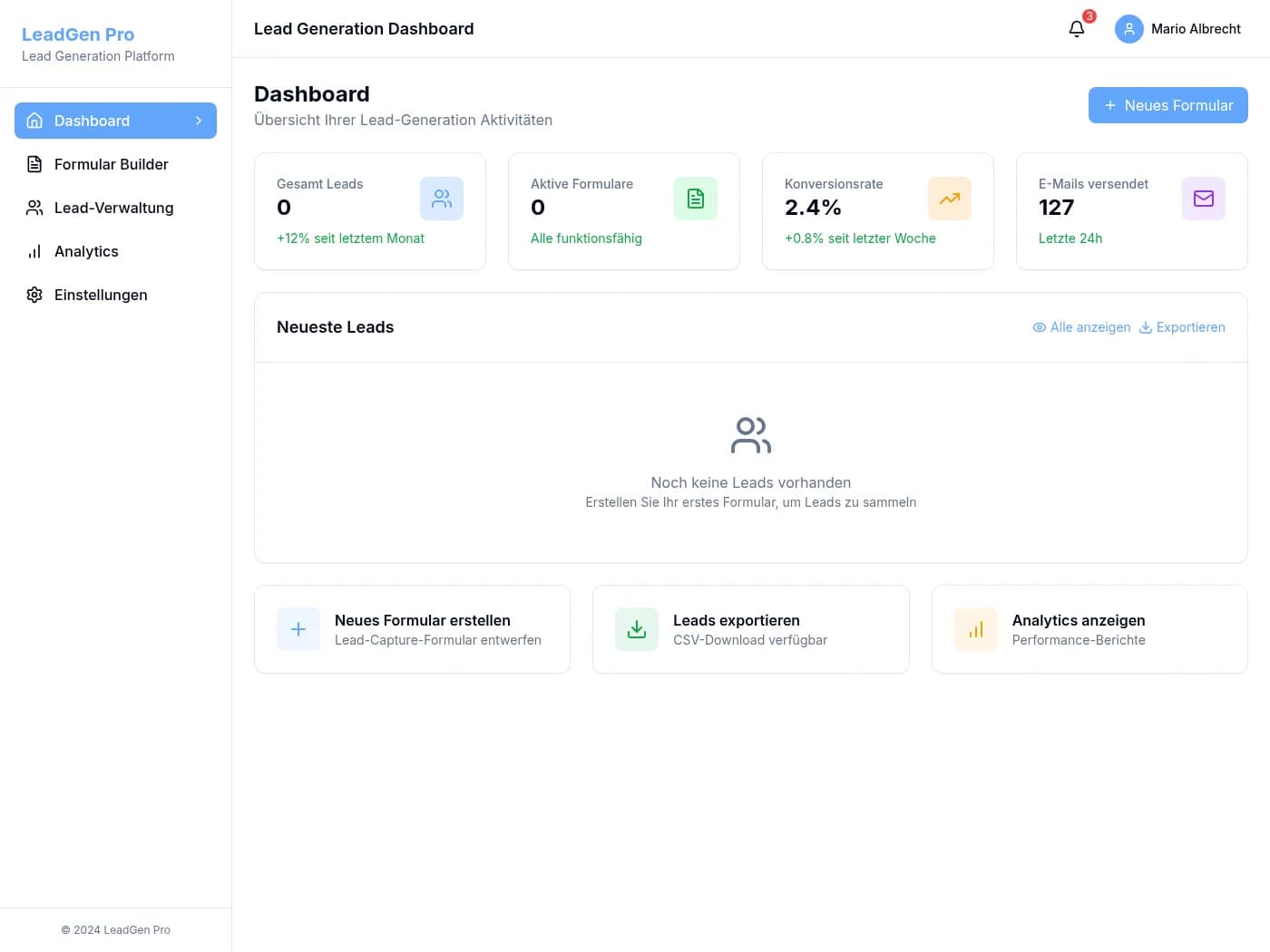 Lead Generation Plattform mit deutschem UI und Analytics