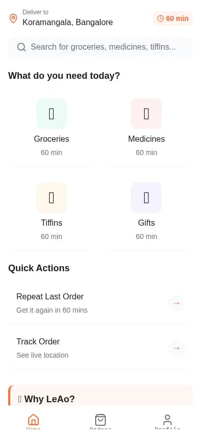 LeAo—Hyperlocal 60-Minute Delivery App with Groceries, Medicines, Tiffins & Gifts