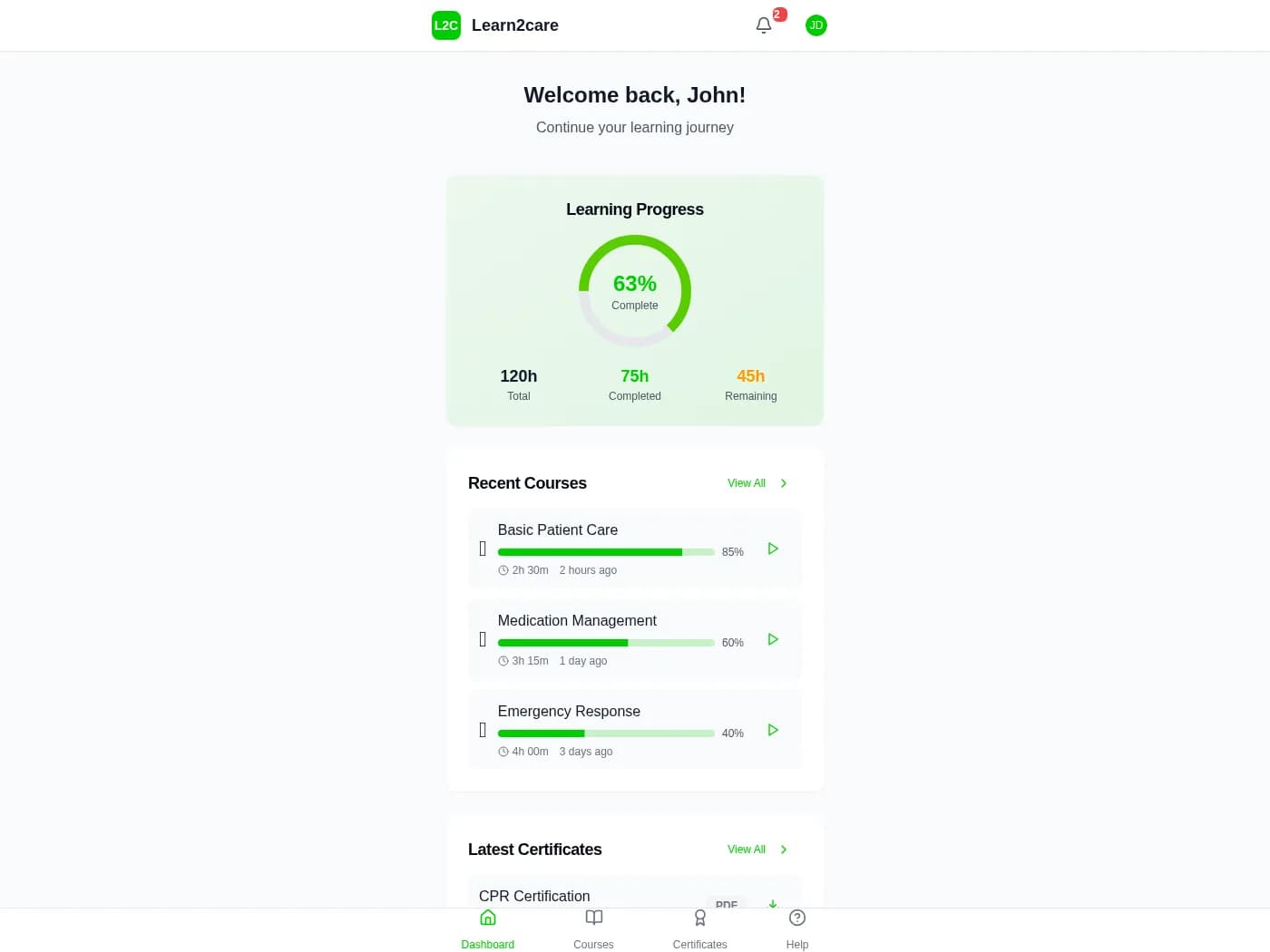 Learn2care - Caregiver Training Dashboard