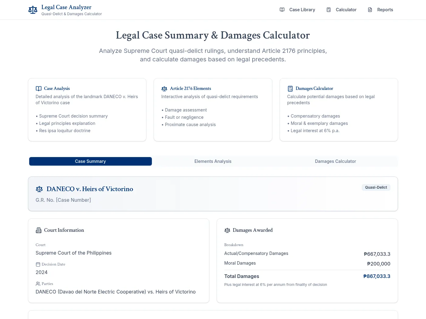 Legal Case Summary and Damages Calculator for Quasi-Delict Rulings