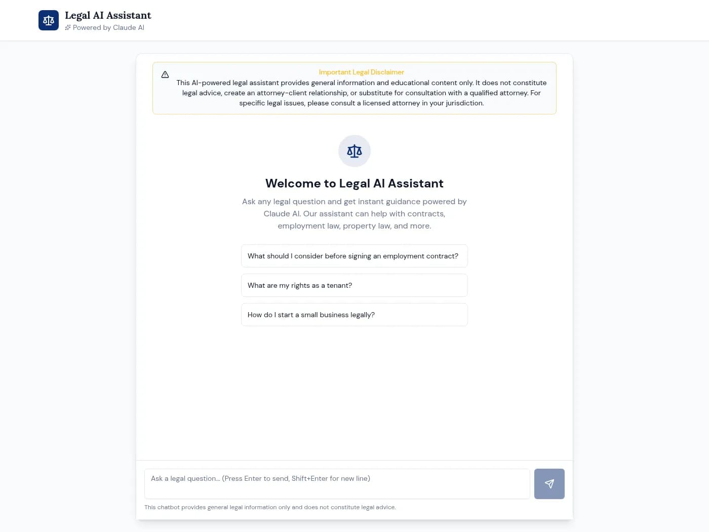 Legal Enquiries Chatbot Web App with Claude LLM