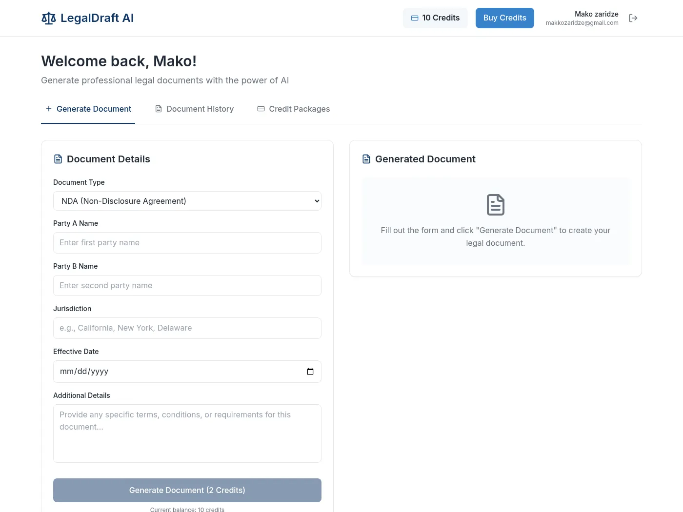 LegalDraft AI: Effortless Legal Document Generation Platform Powered by AI