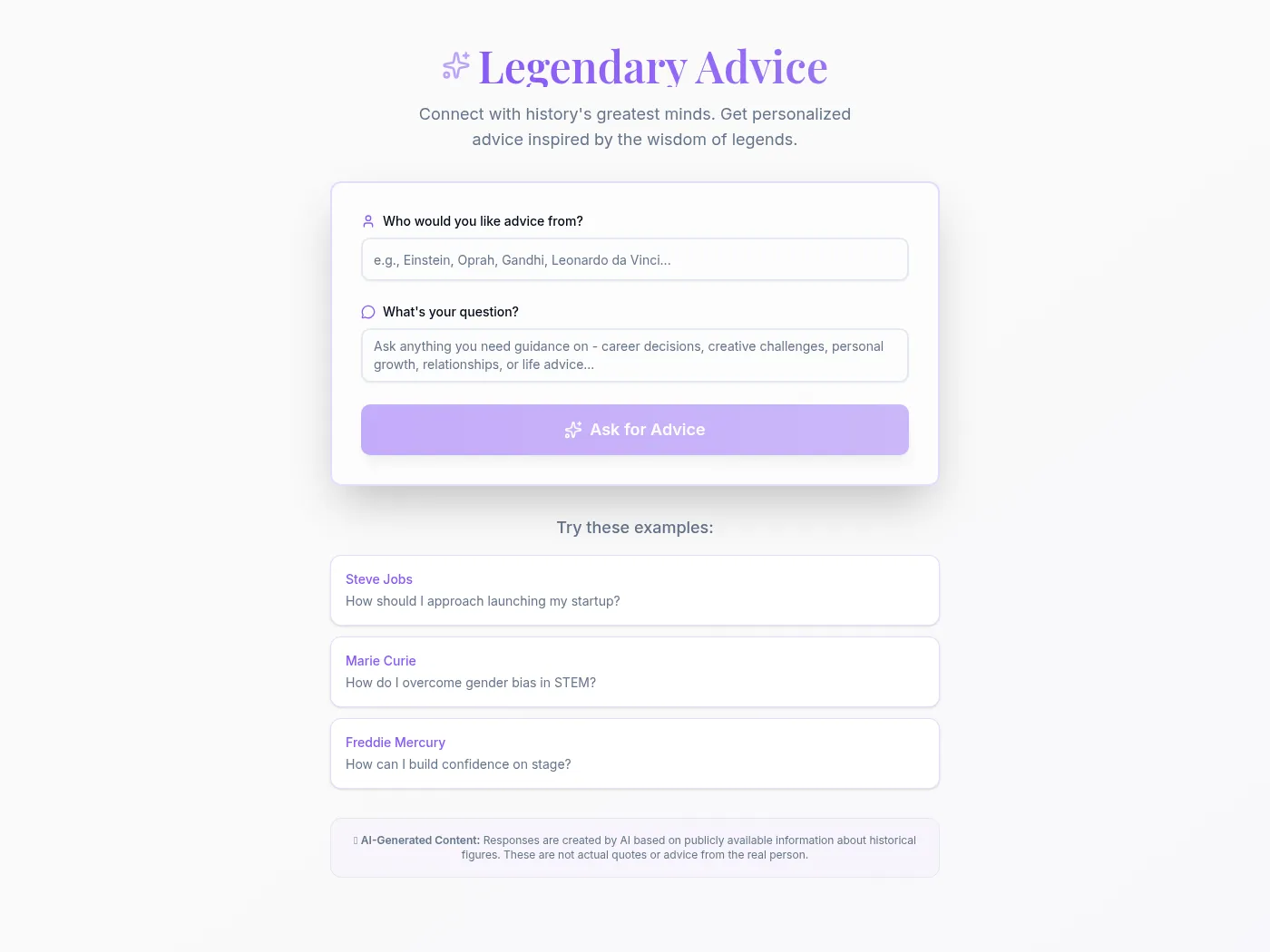 Legendary Advice: AI Personas Inspired by History's Greats