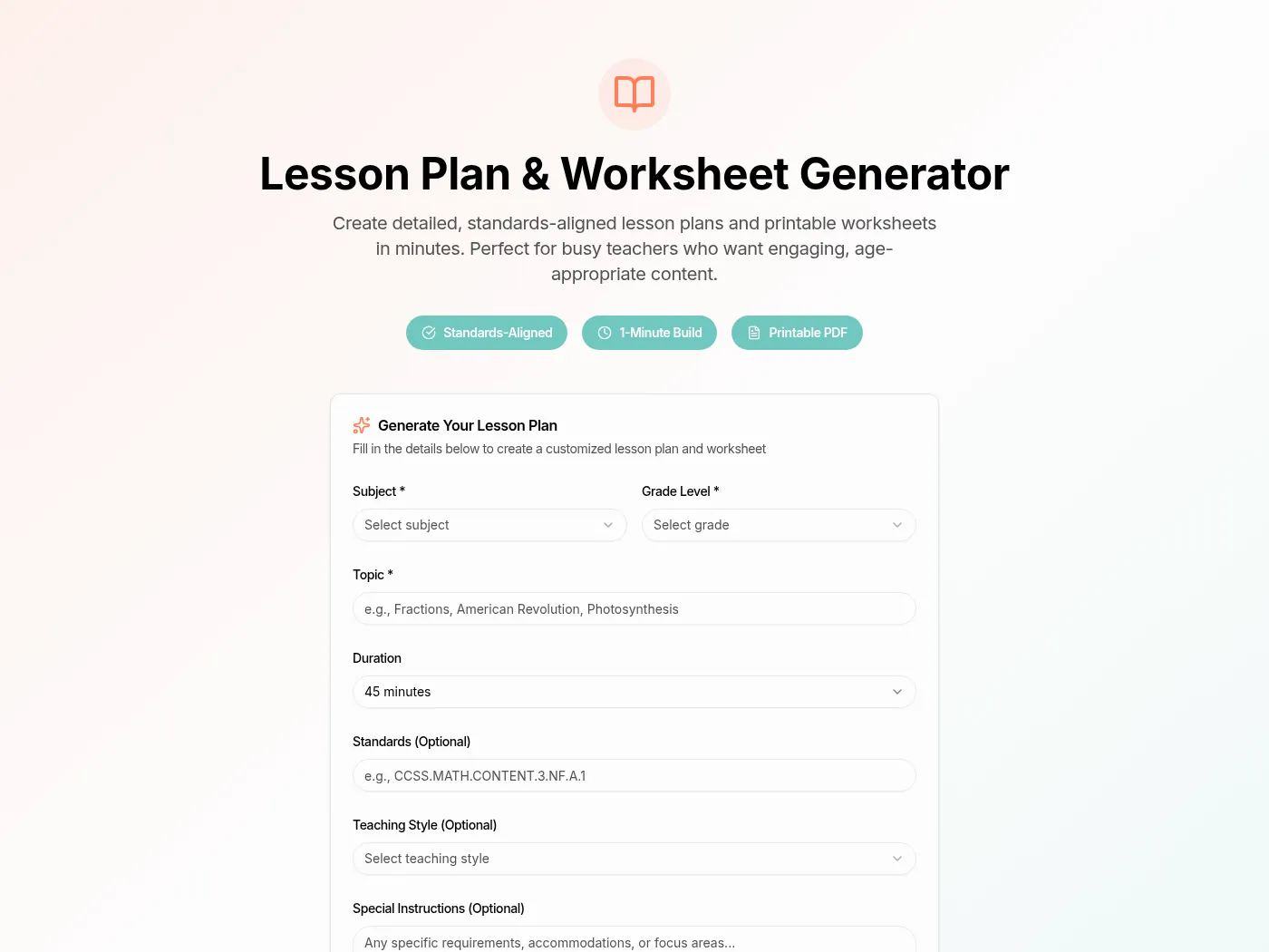 Lesson Plan & Worksheet Generator for Teachers