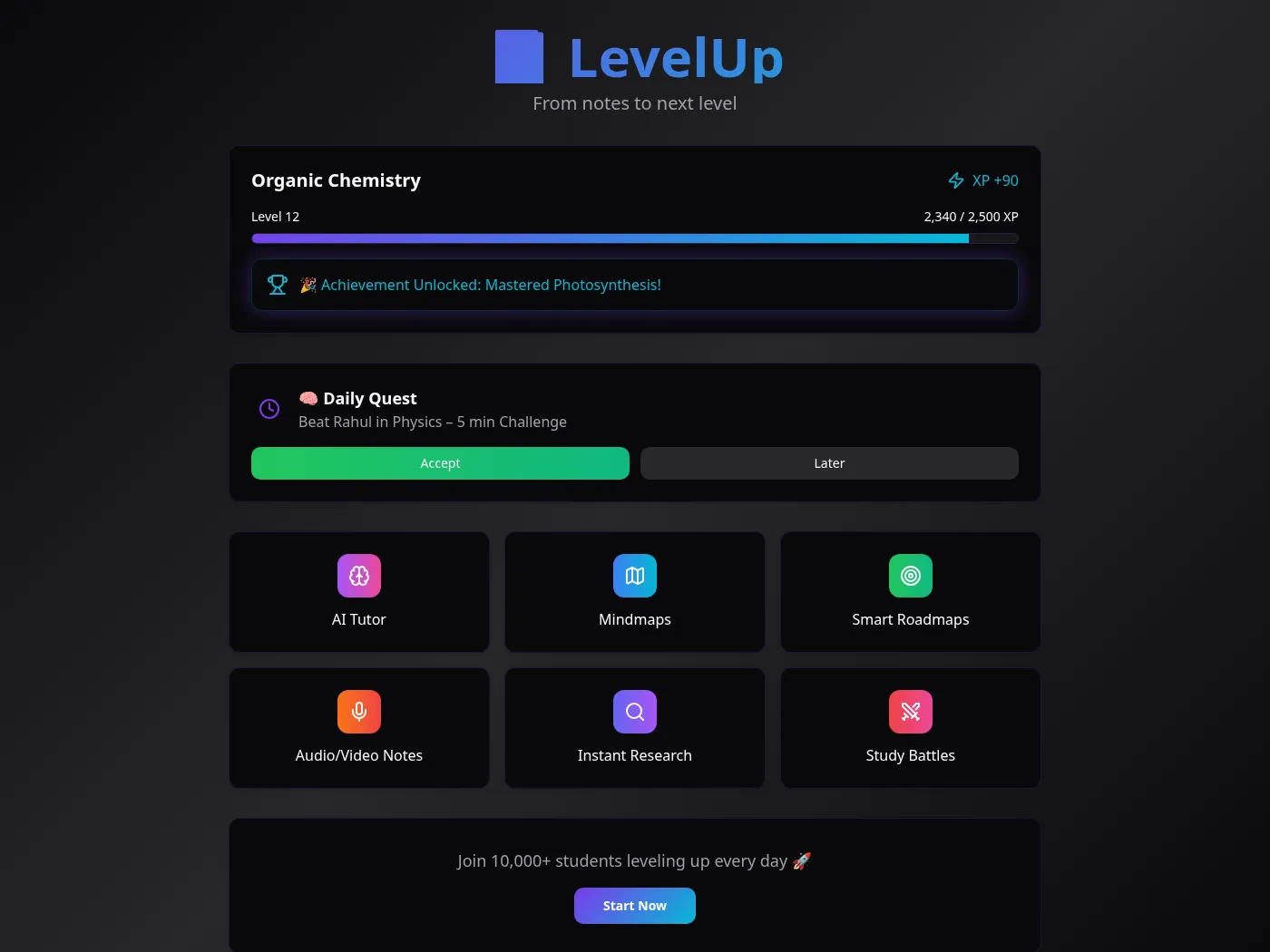 LevelUp – Gamified Study App UI