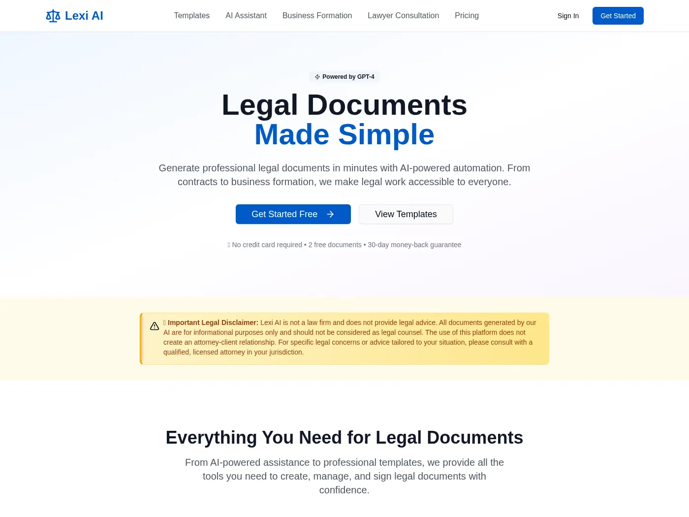 Lexi AI – GPT-4 Powered SaaS Platform for Legal Document Automation & Business Formation
