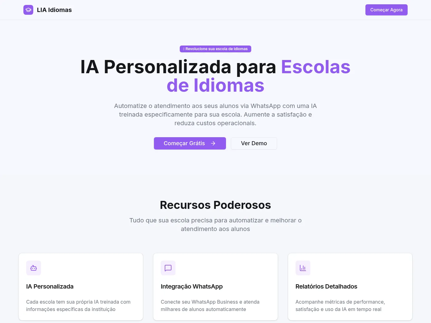 LIA Idiomas - SaaS AI para Escolas de Idiomas com Integração WhatsApp e Stripe