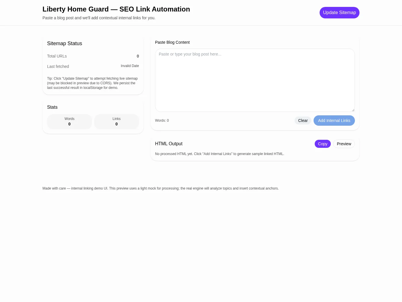 Liberty Home Guard SEO Internal Link Automation Tool