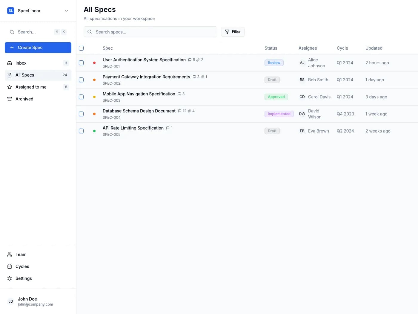 Spec Management Platform Inspired by Linear.app