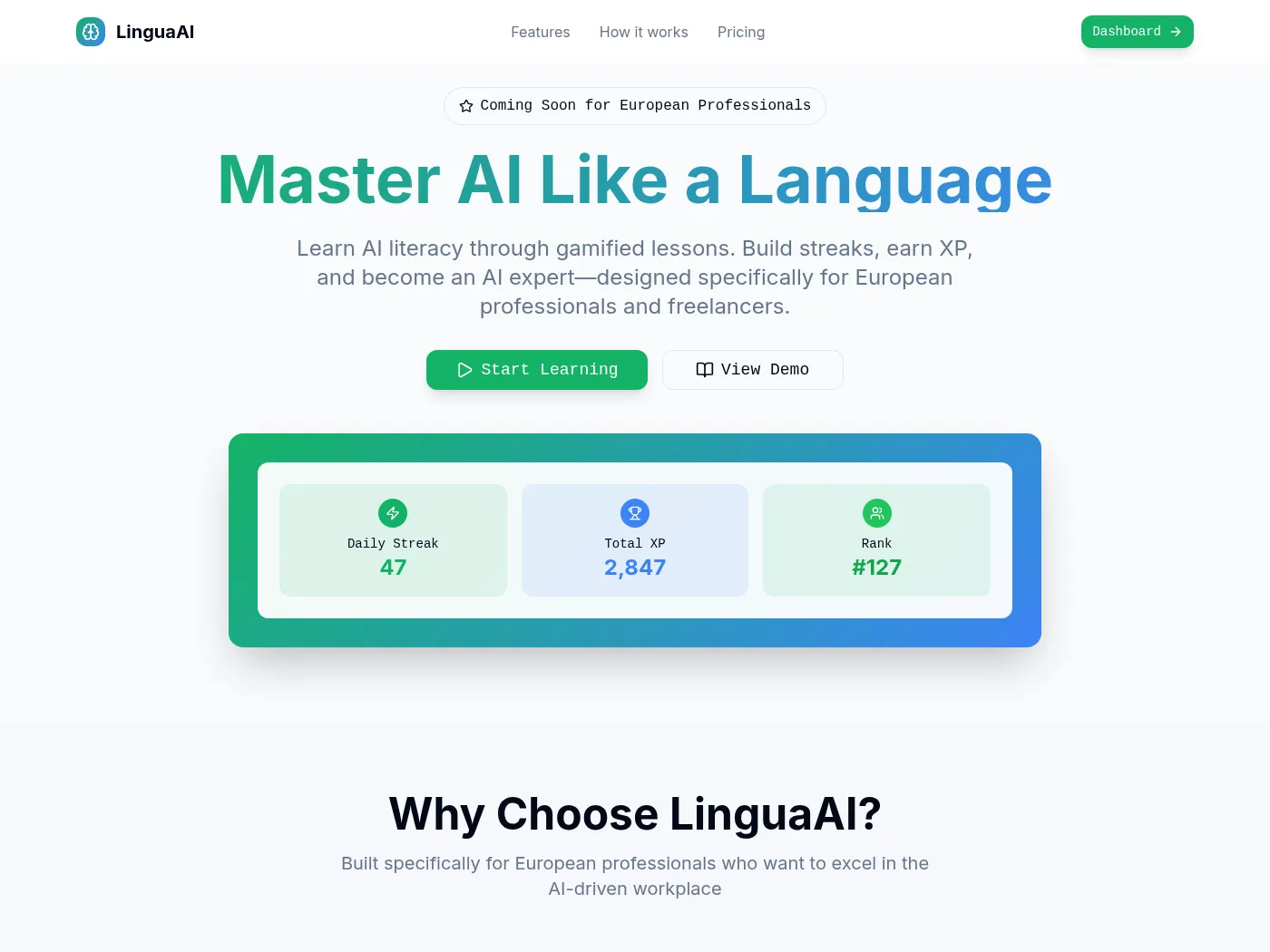 LinguaAI: Duolingo-Style Gamified AI Literacy Platform for European Professionals