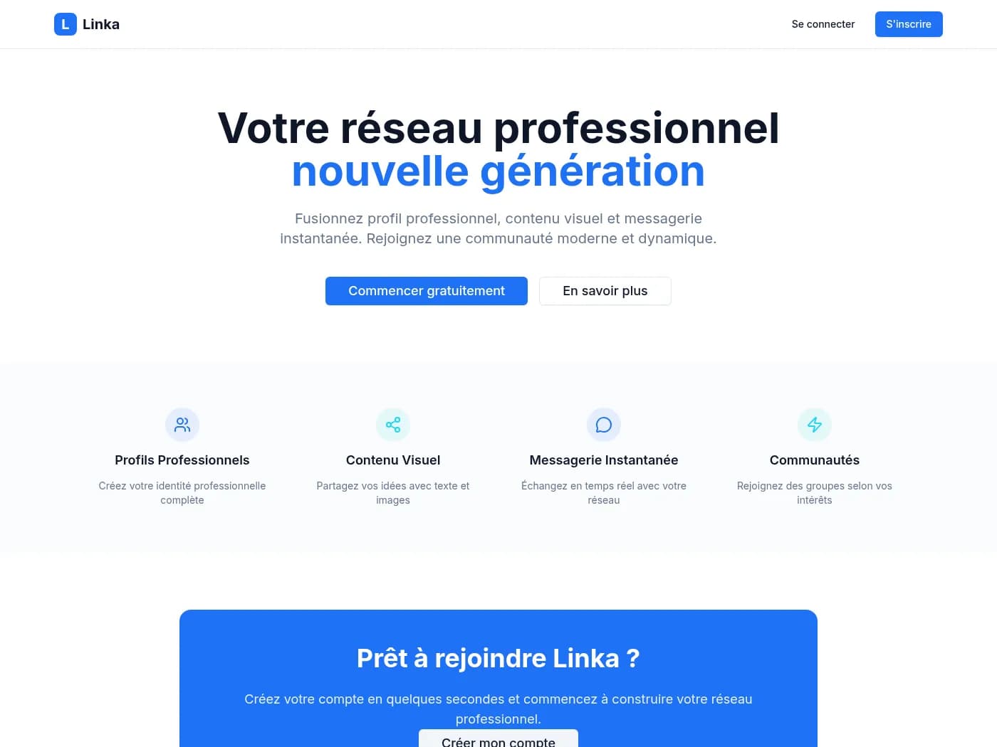 Linka – Plateforme sociale professionnelle moderne alliant contenu visuel et messagerie instantanée