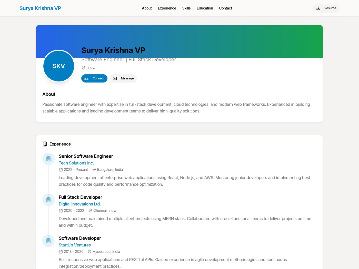 LinkedIn Portfolio Website for Surya Krishna VP