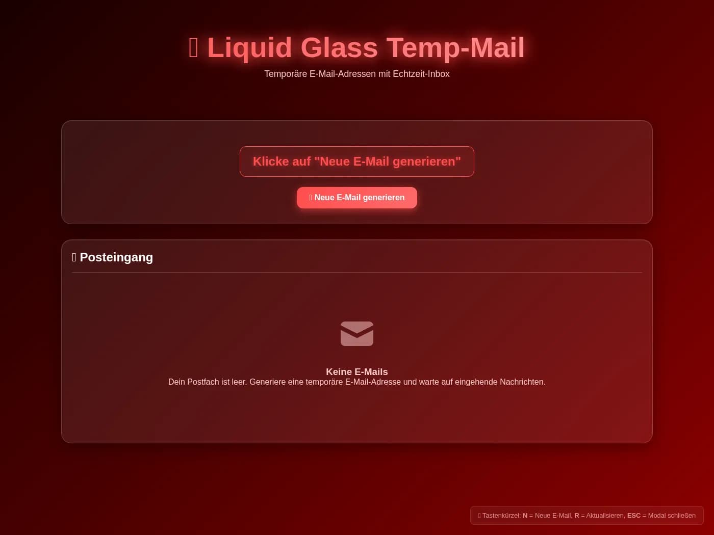 Liquid Glass Red Temp-Mail: Ein-Seiten-Website mit Echtzeit-Inbox und eingebetteten Aktionen (Vanilla JS, HTML, CSS)