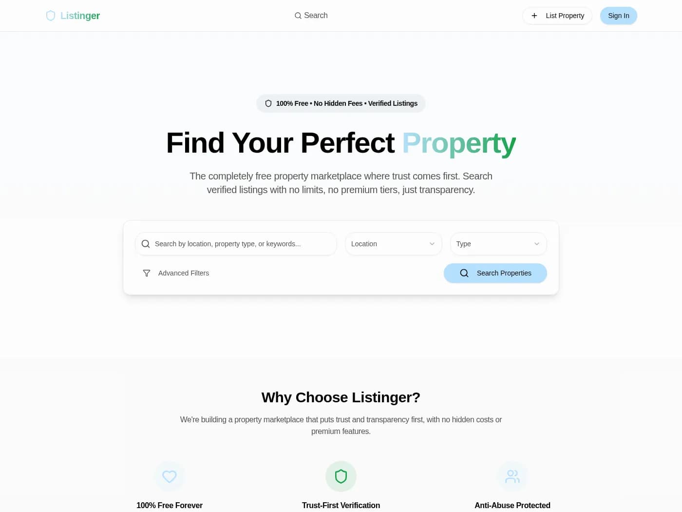 Listinger: Free, Trust-First Property Listing Marketplace