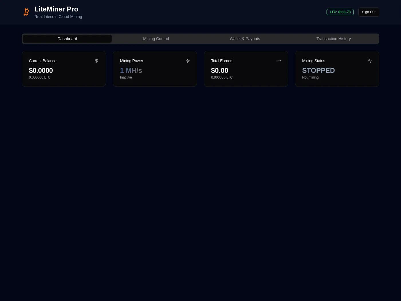 Litecoin Cloud Mining Platform with Instant Real Payouts