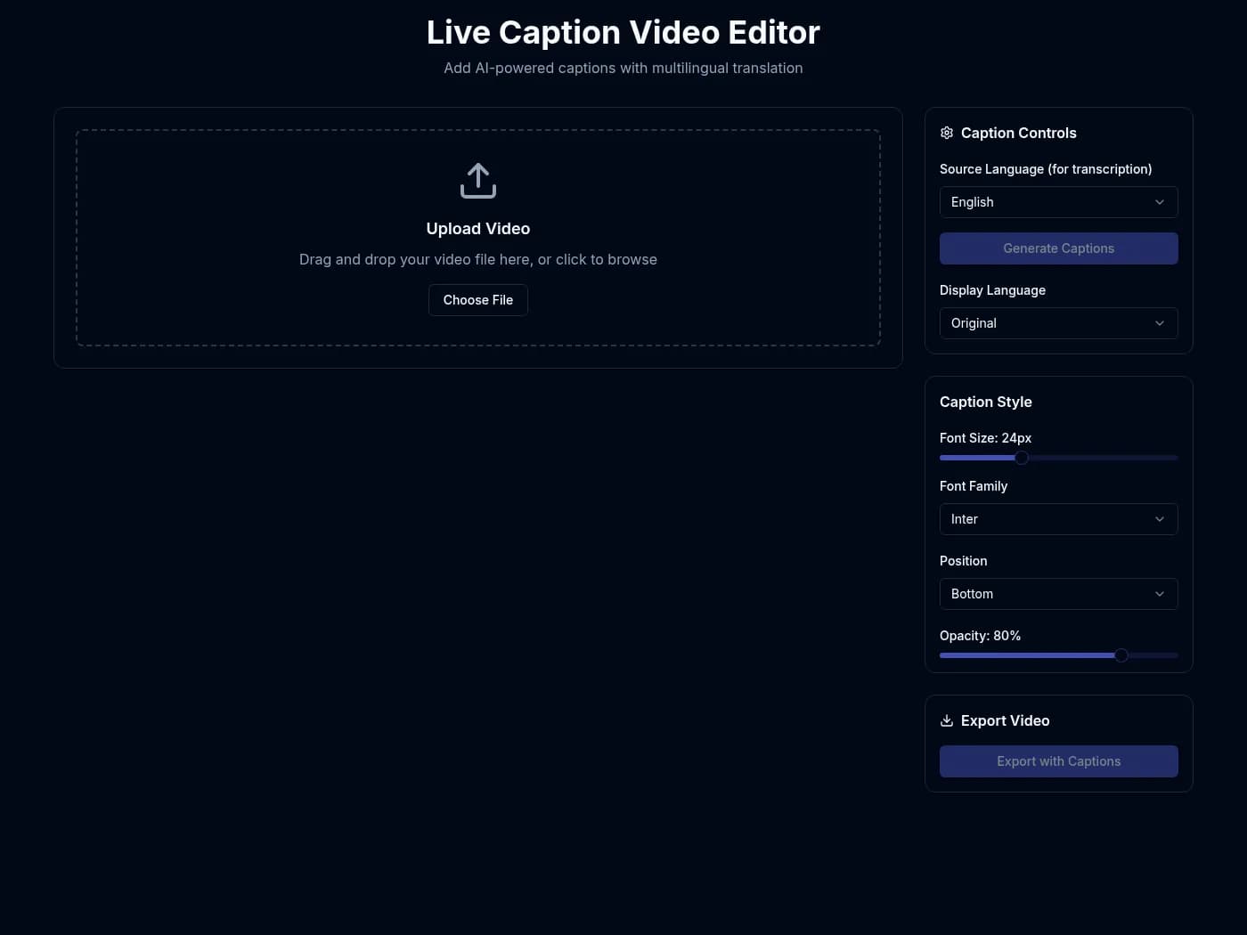 Live Caption Video Editor with Multilingual Translation and Styling