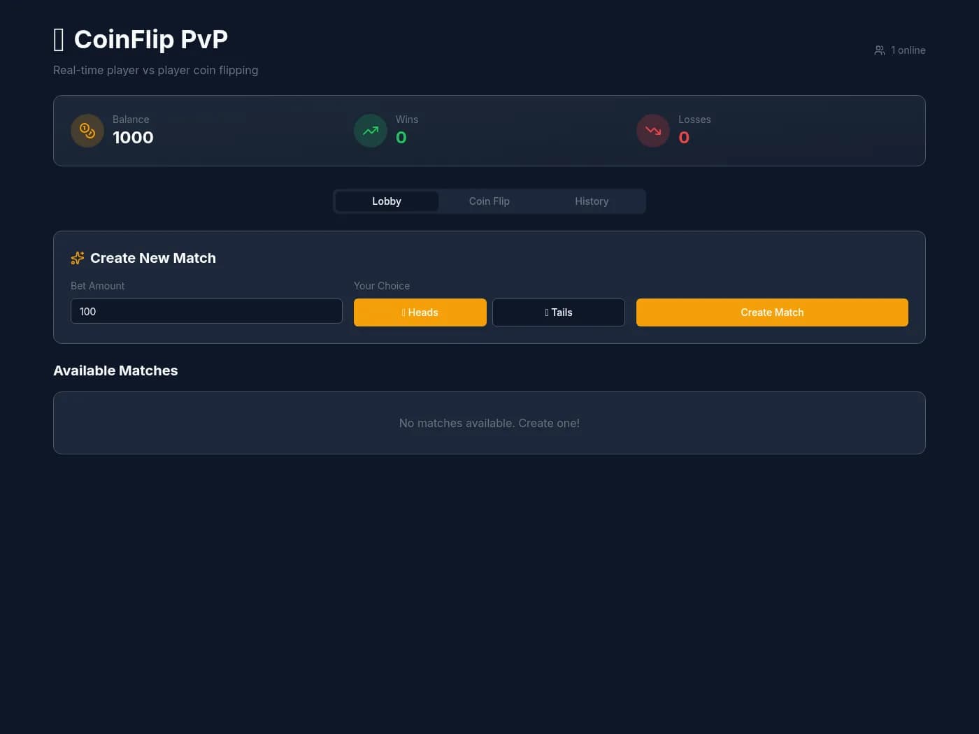Live PvP Coinflip Gaming Web App