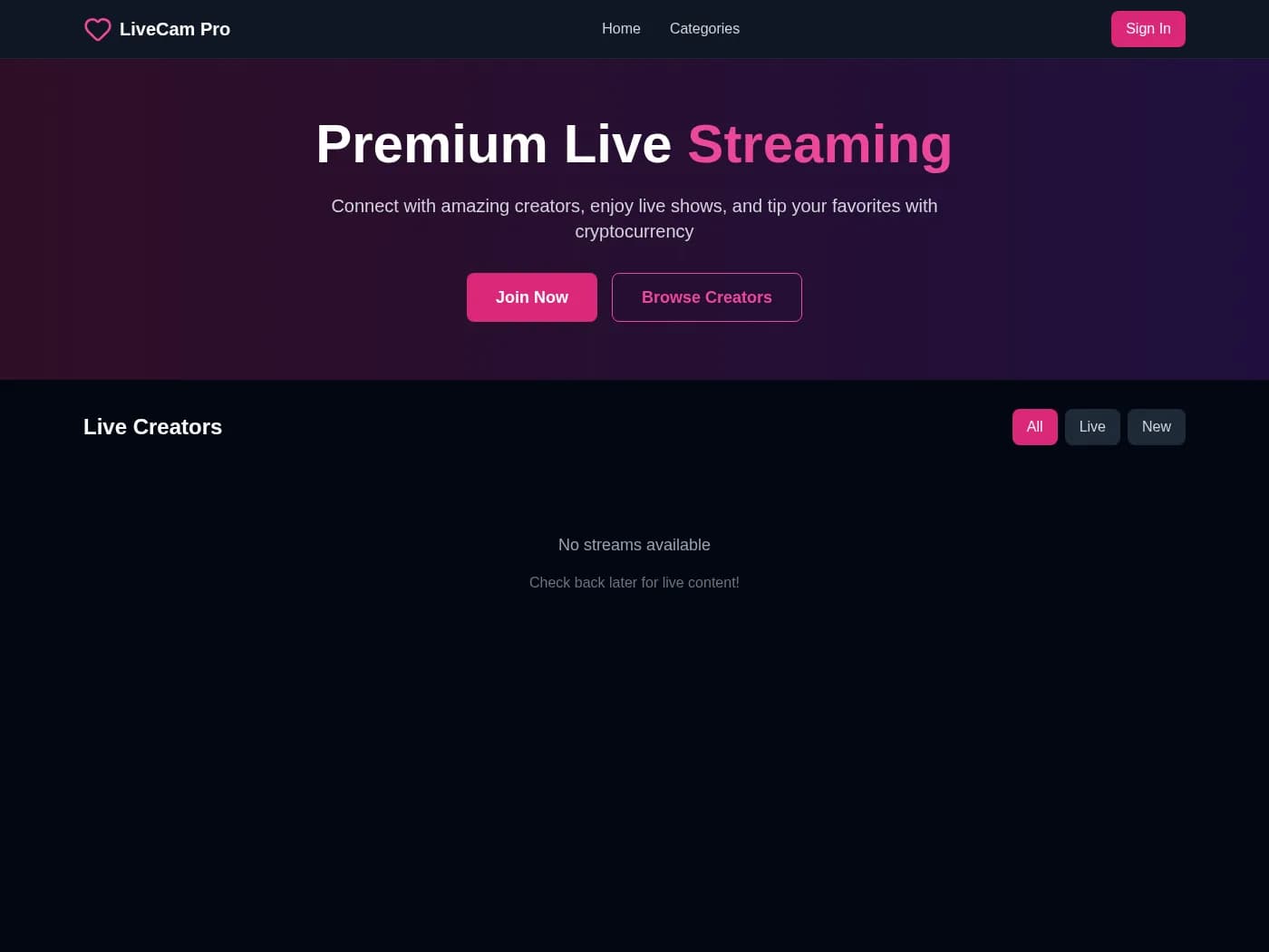 LiveJasmin-Style Live Cam Platform with Crypto Payments