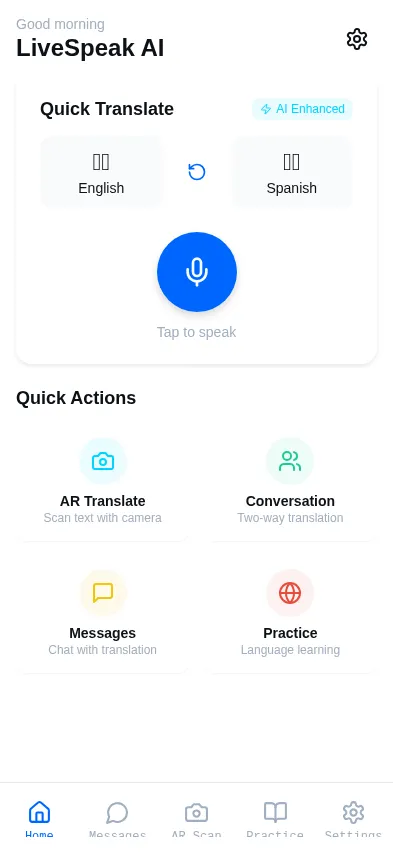 LiveSpeak AI: Futuristic Mobile Voice & AR Translation App