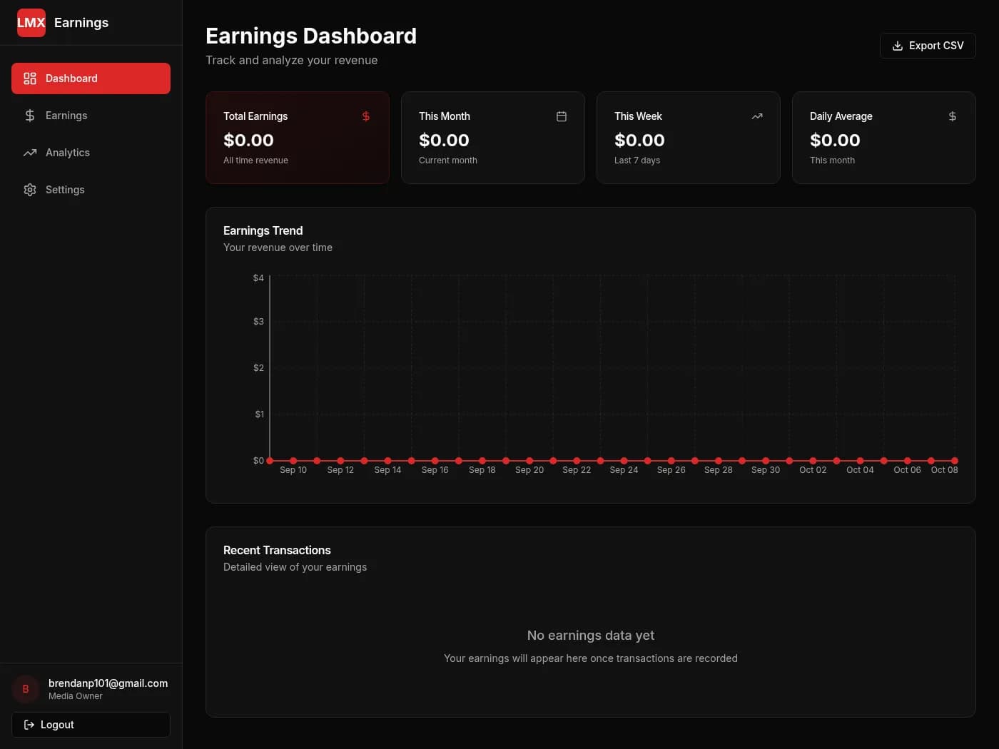 Earnings Dashboard for LMX Platform