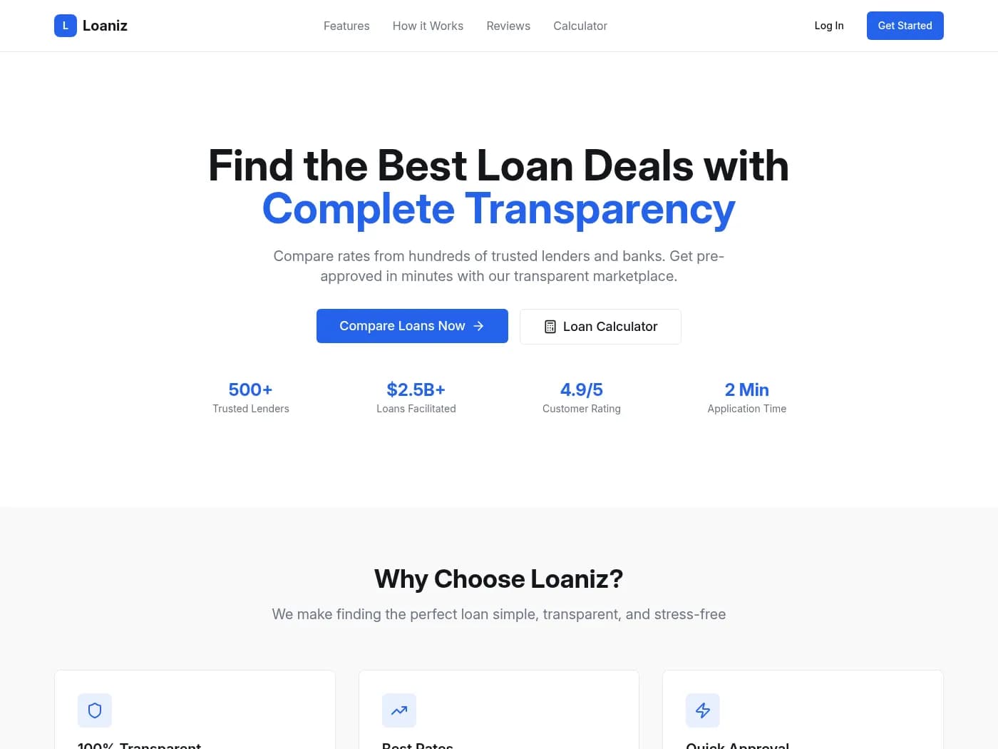 Loaniz Lending Marketplace Landing Page