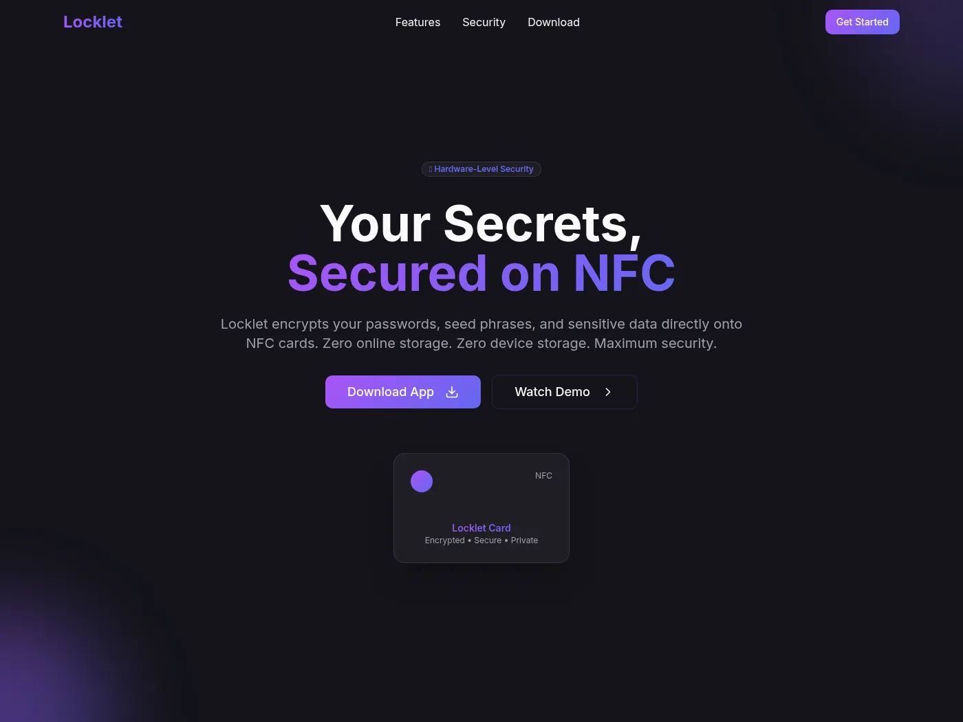 Locklet: Modern Landing Page for Secure NFC App