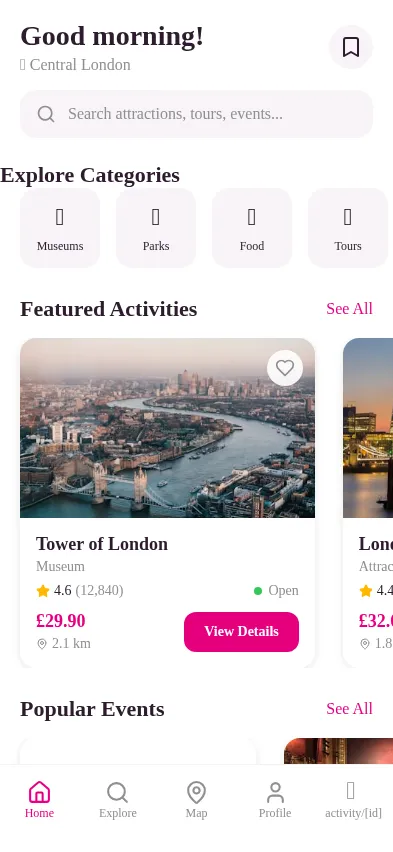 London Explorer: Activity & Attraction Finder Mobile App