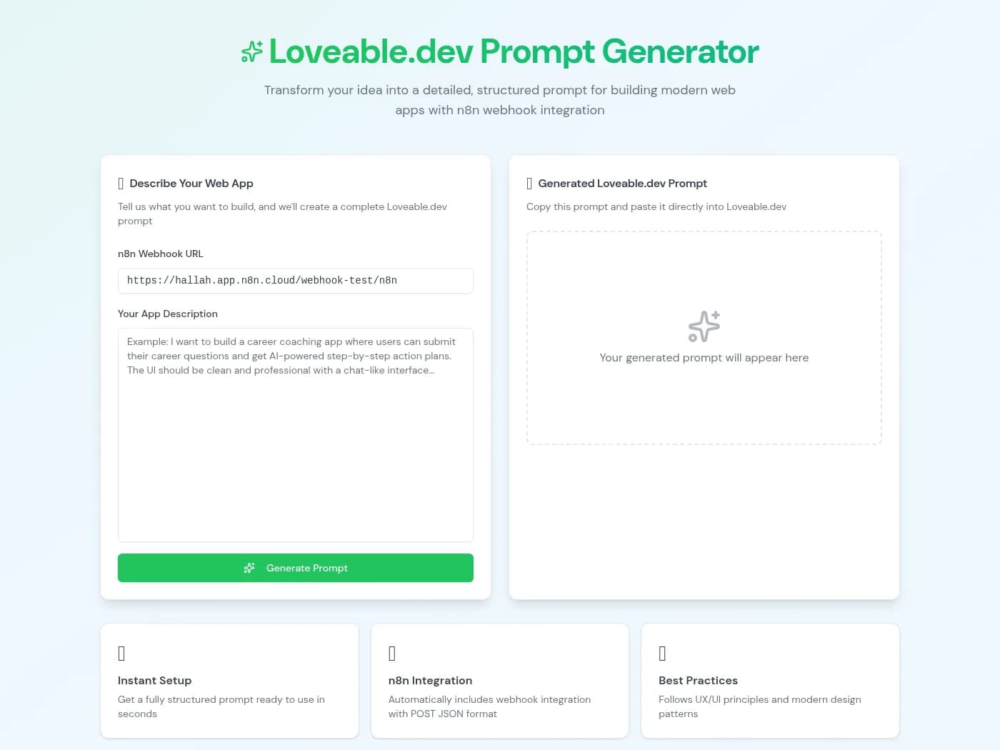 Loveable.dev Web App Prompt Generator with n8n Webhook Integration