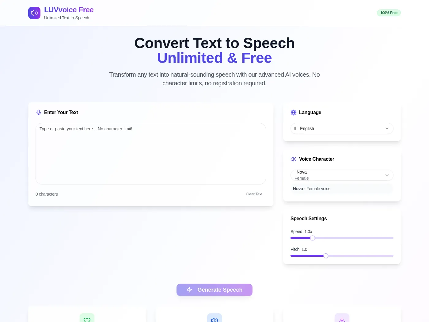 LUVvoice Unlimited Free Text-to-Audio Web App