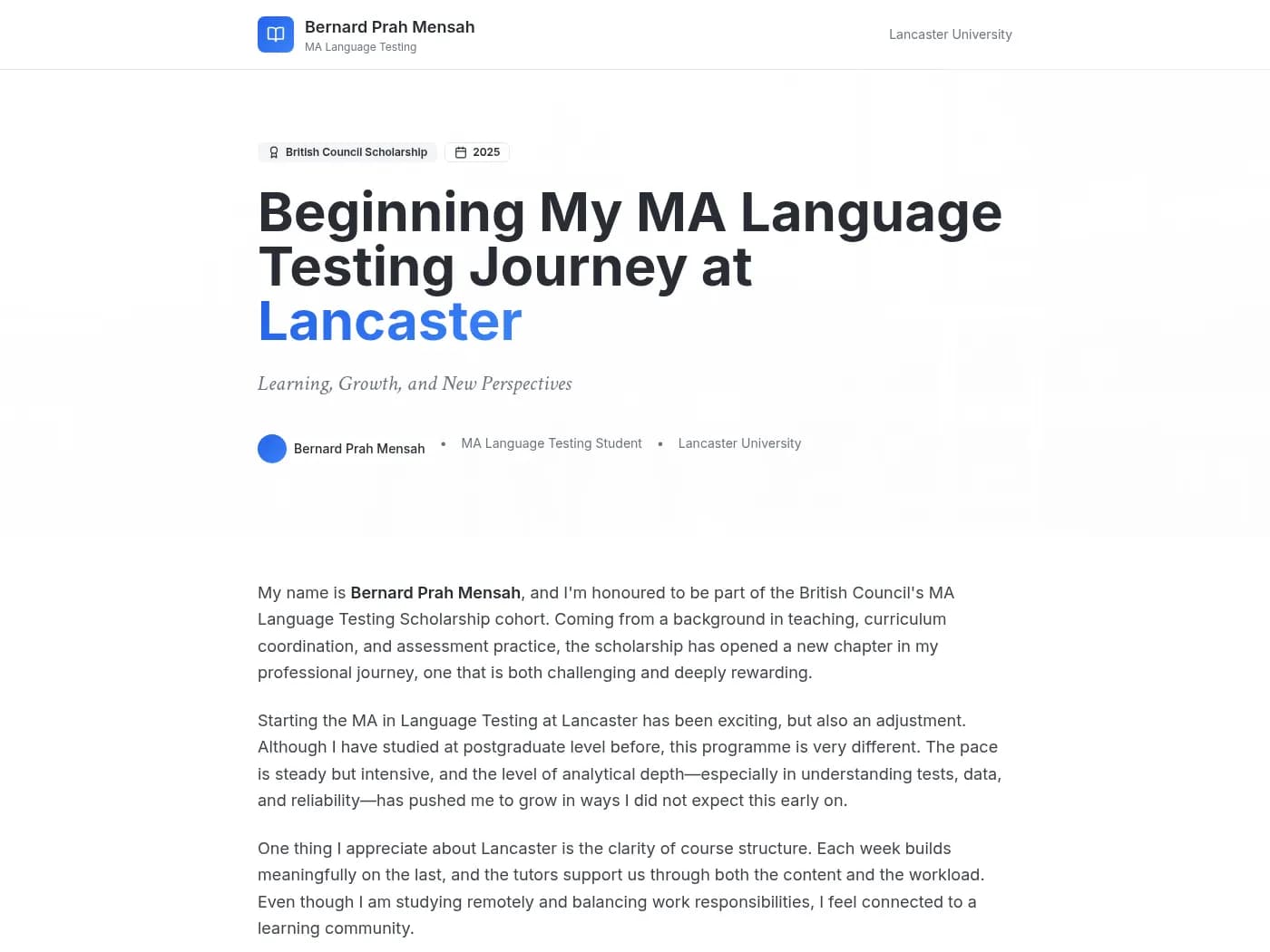 MA Language Testing Journey: Reflections by Bernard Prah Mensah