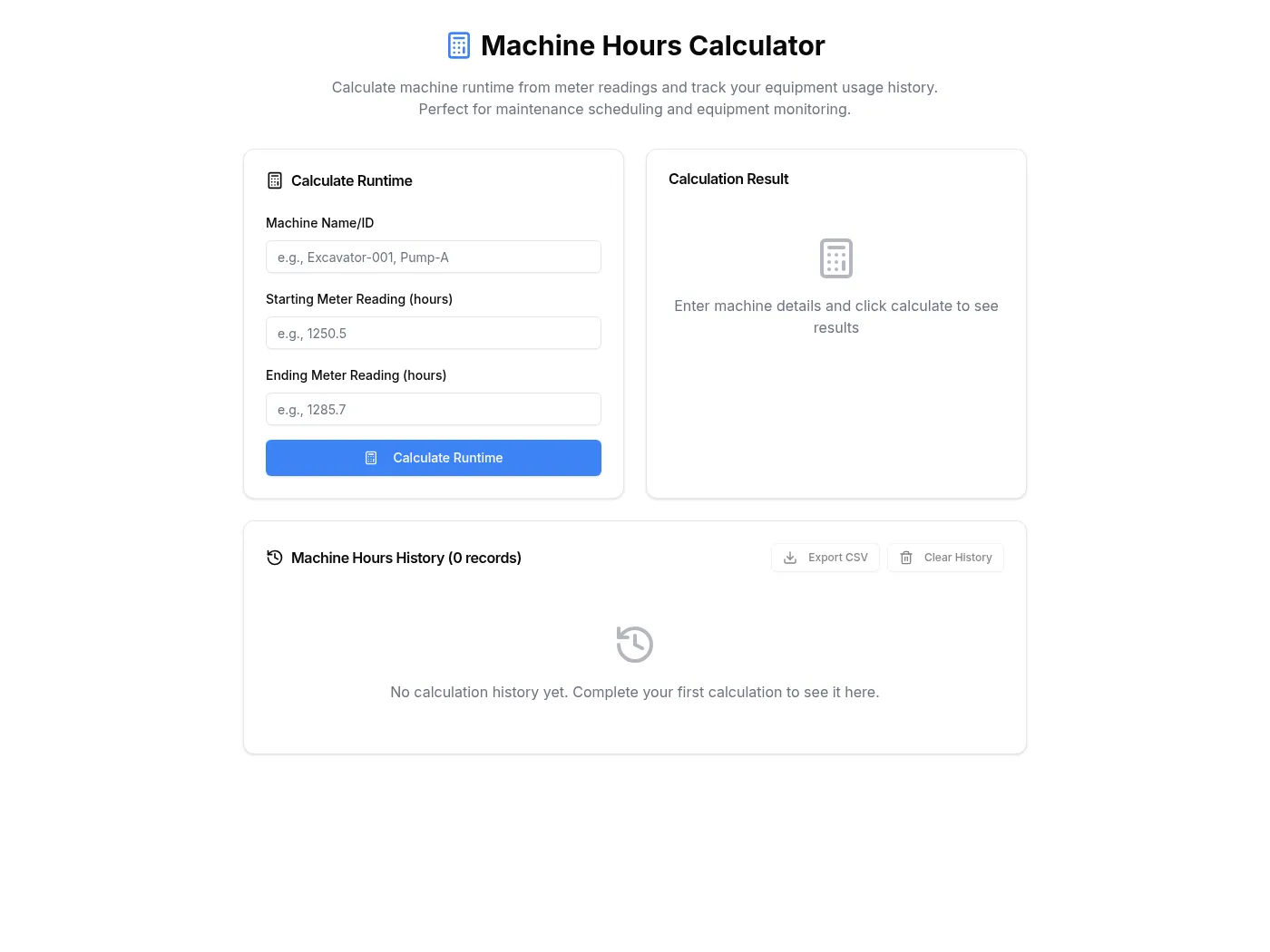 Machine Hours Calculator & History Tracker