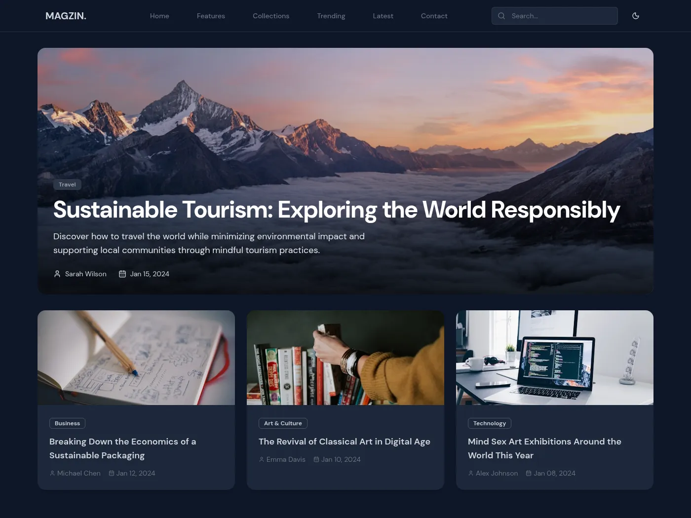 Magzin-Inspired Dark Theme Blog/Magazine UI