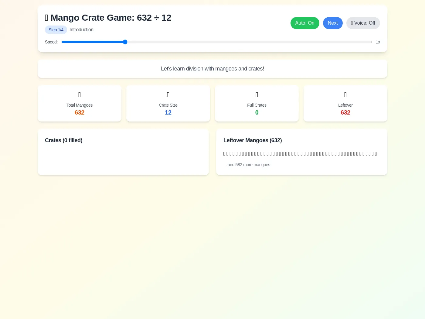 Mango Crate Division Game: Animated Long Division for Kids