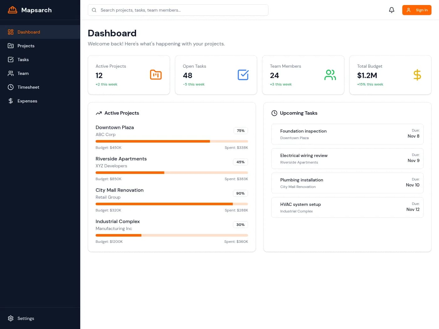 Mapsarch Contracting Web Dashboard