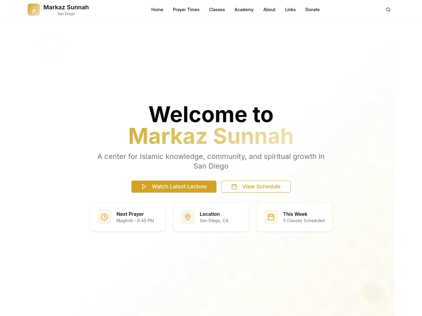 Markaz Sunnah Website Redesign - Gold & White Minimalistic UI