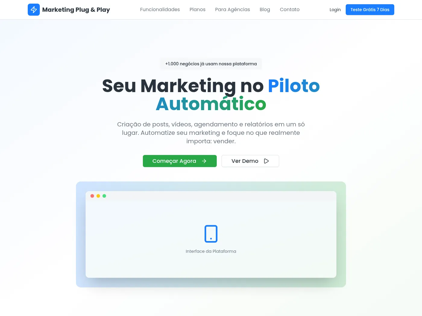 Marketing Plug & Play – Plataforma SaaS de Automação de Marketing Minimalista