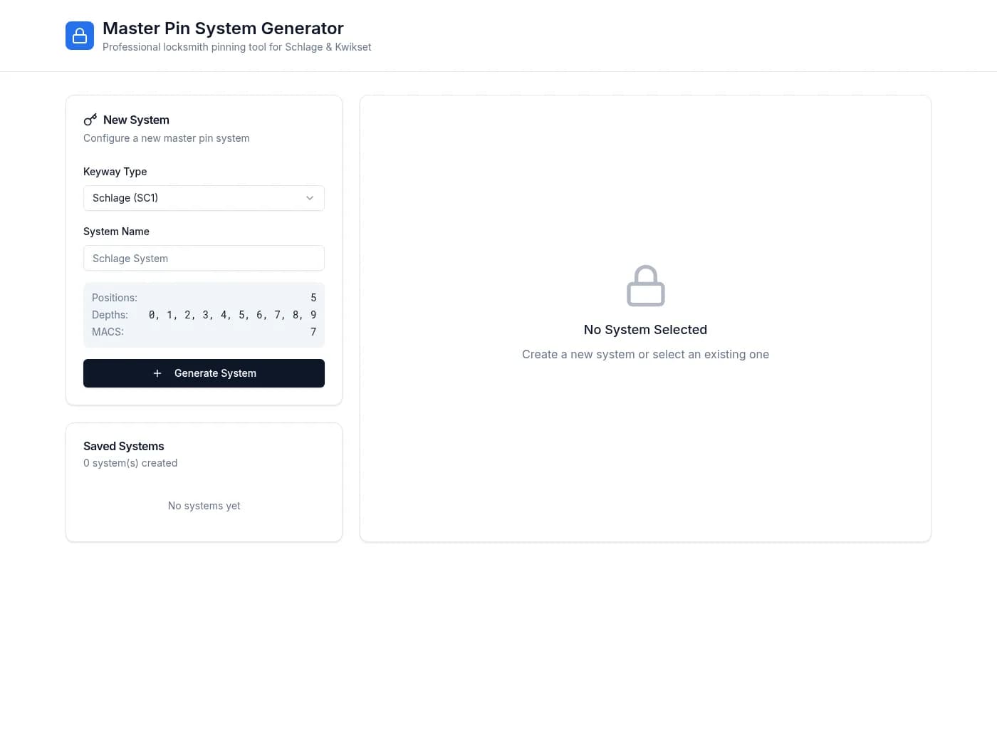 Master Pin System Generator for Schlage & Kwikset Keyways
