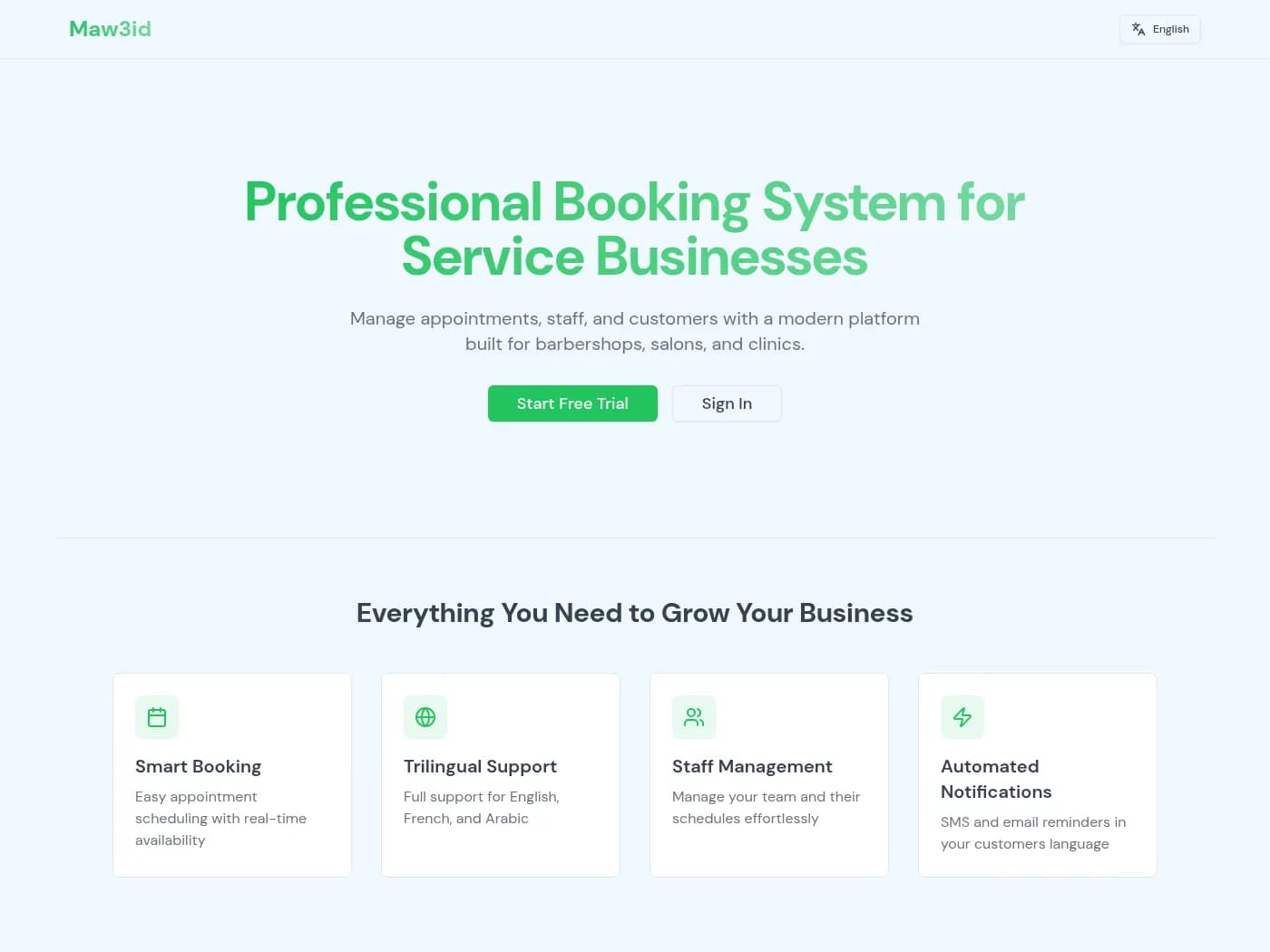 Maw3id: Trilingual SaaS Appointment Booking for Service Businesses