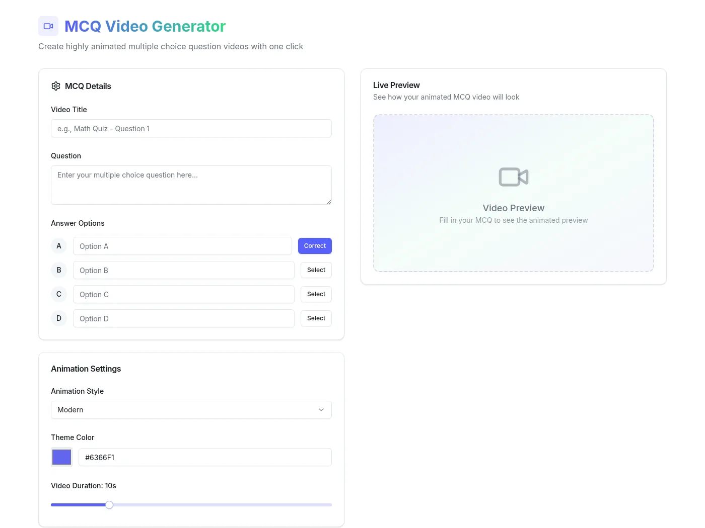 MCQ Video Generator with Advanced Animation