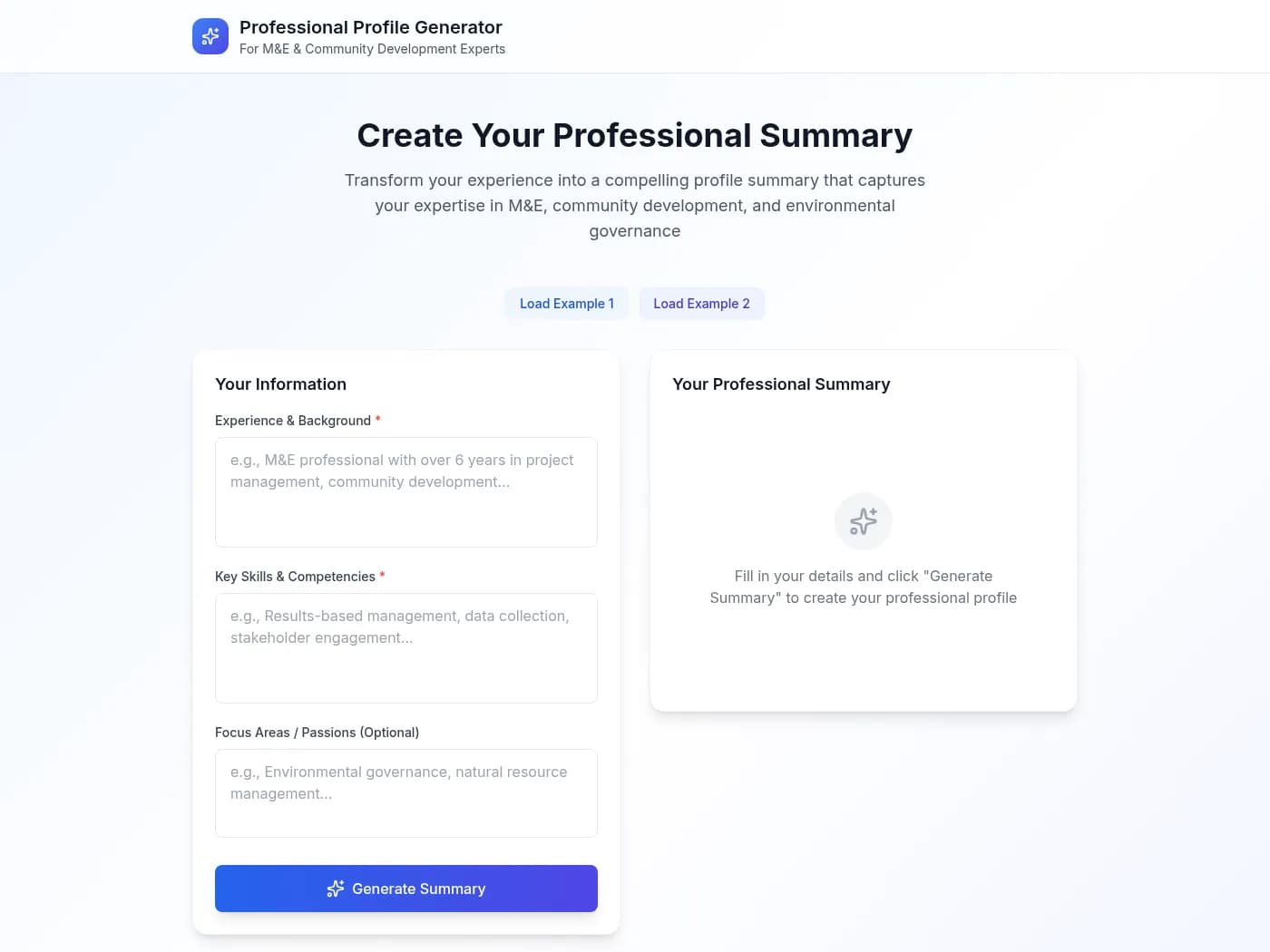 Professional Profile Summary Generator for M&E and Community Development Experts