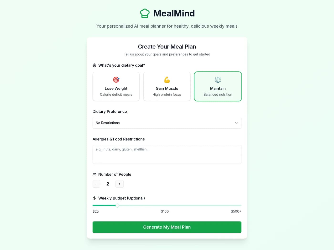 MealMind: Personalized AI Meal Planner Web App