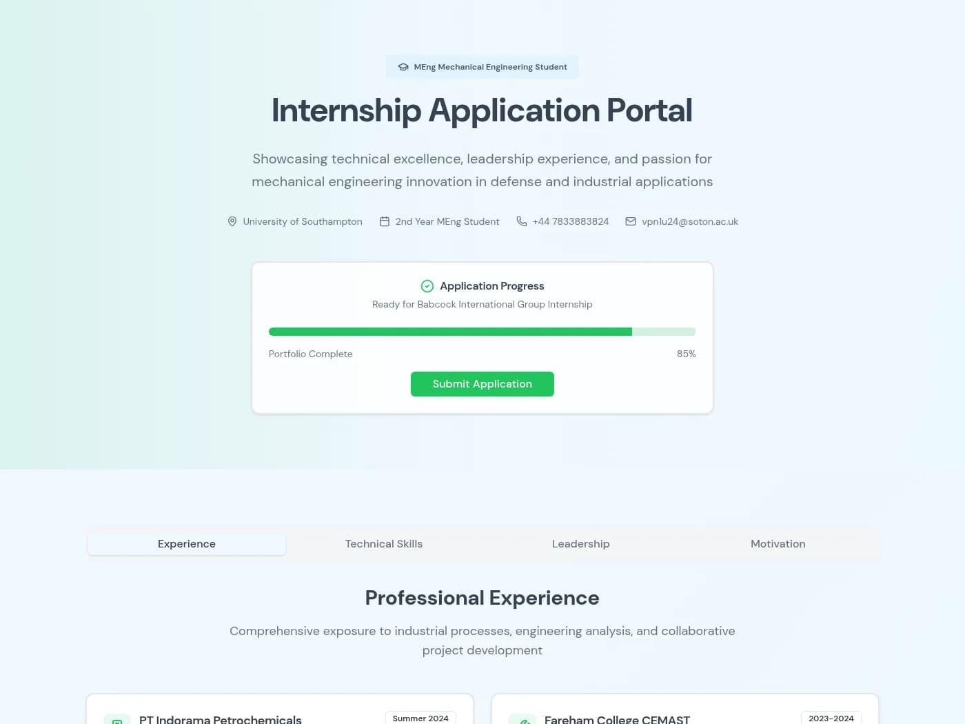 Mechanical Engineering Internship Application Portal