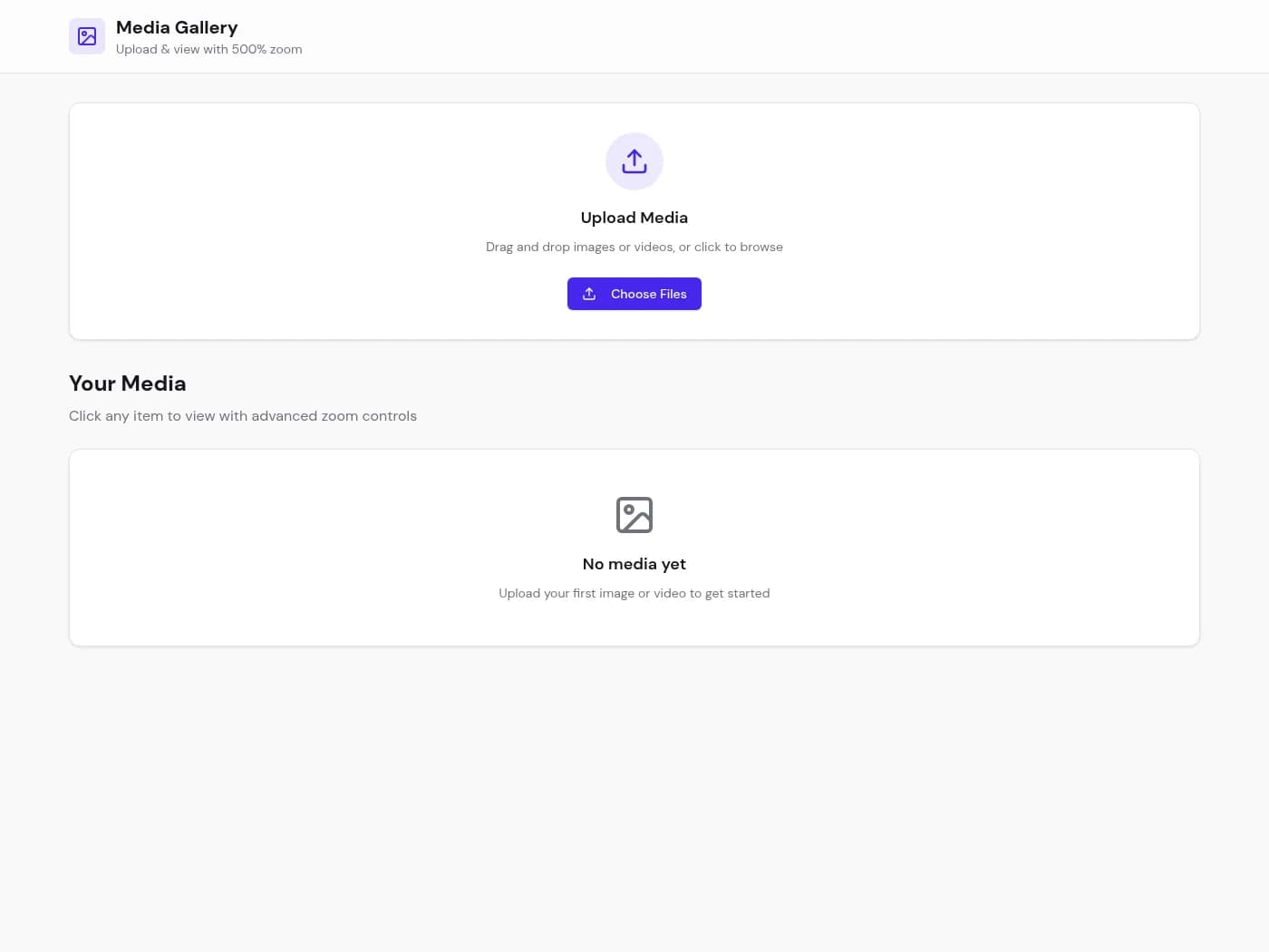 Media Gallery Viewer with Upload and Advanced Zoom