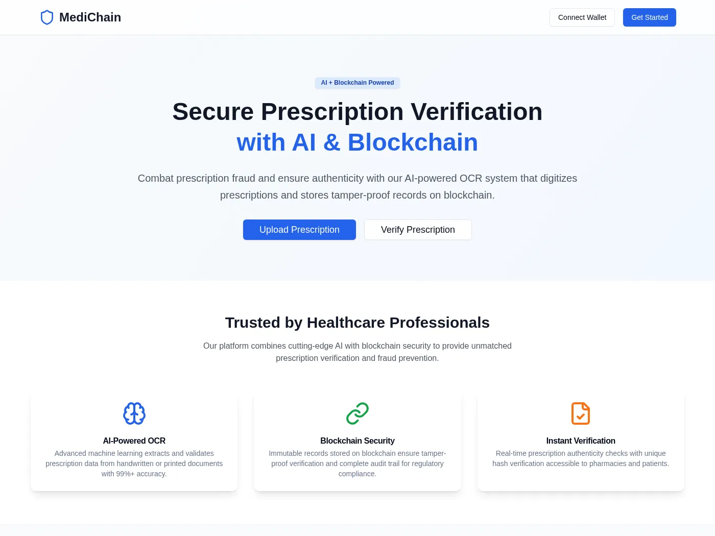 MediChain: AI & Blockchain Prescription Verification Platform