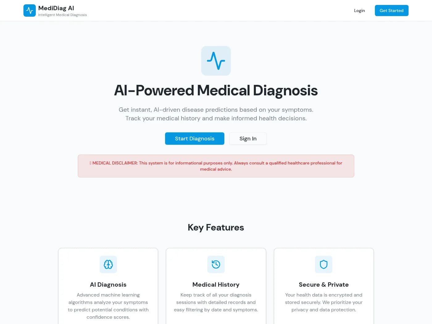 MediDiag AI: Web App for Intelligent Symptom-Based Medical Diagnosis & History