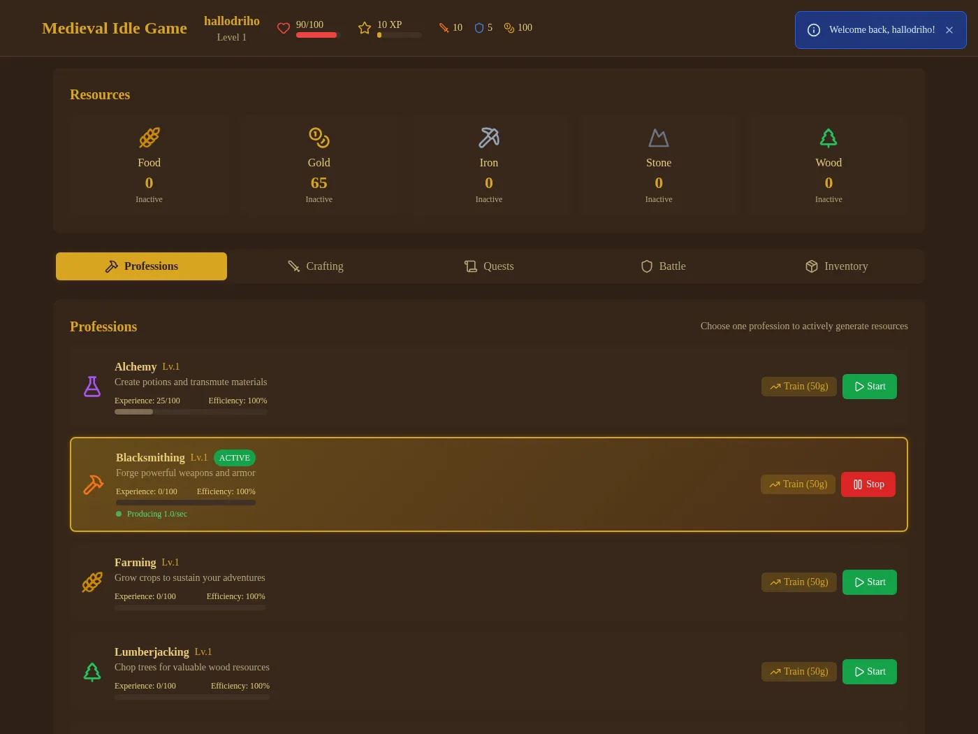 Medieval Idle Game with Resource Production and Crafting