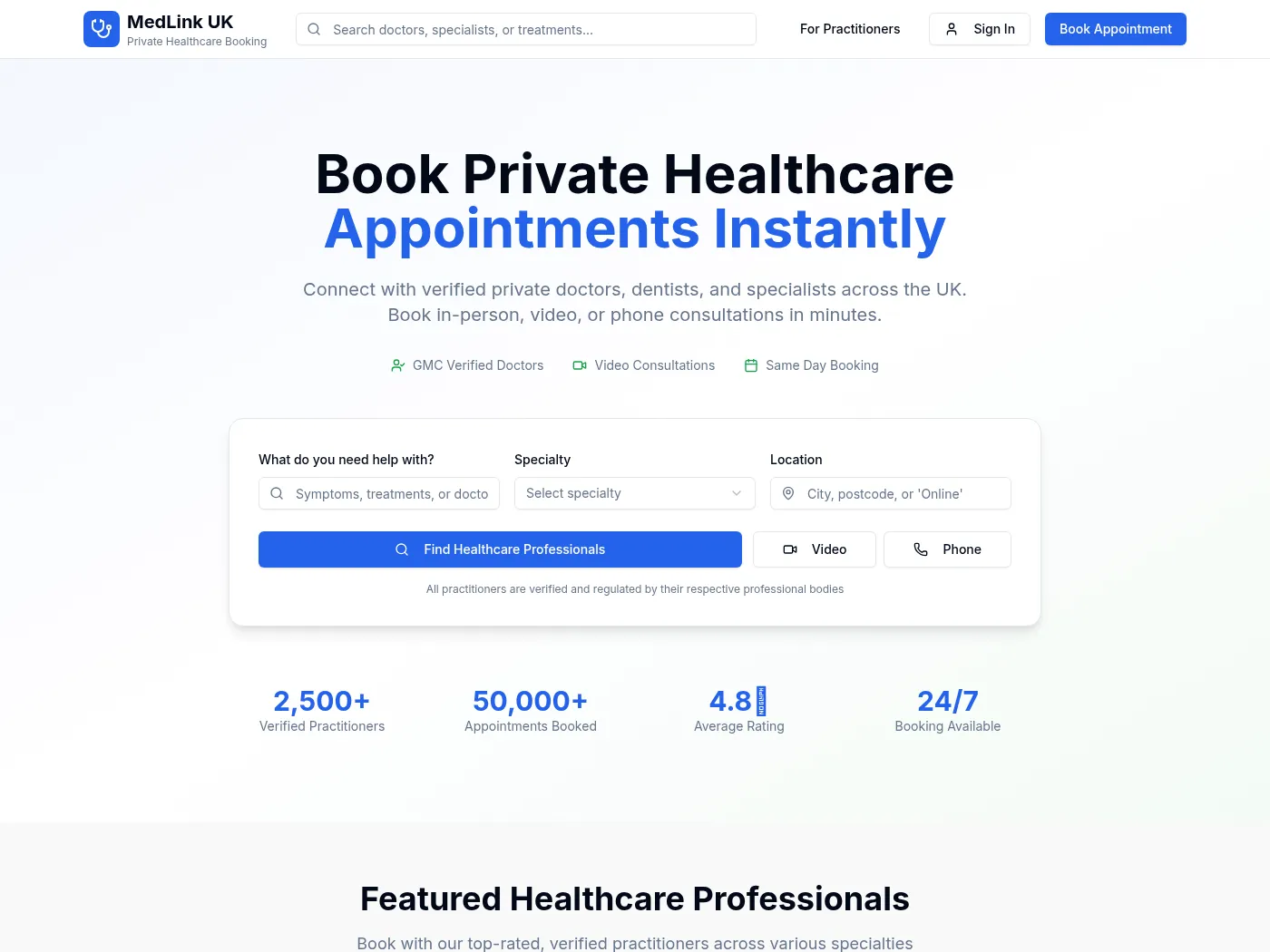 MedLink UK: Seamless Healthcare Appointment Booking for Patients & Private Practitioners