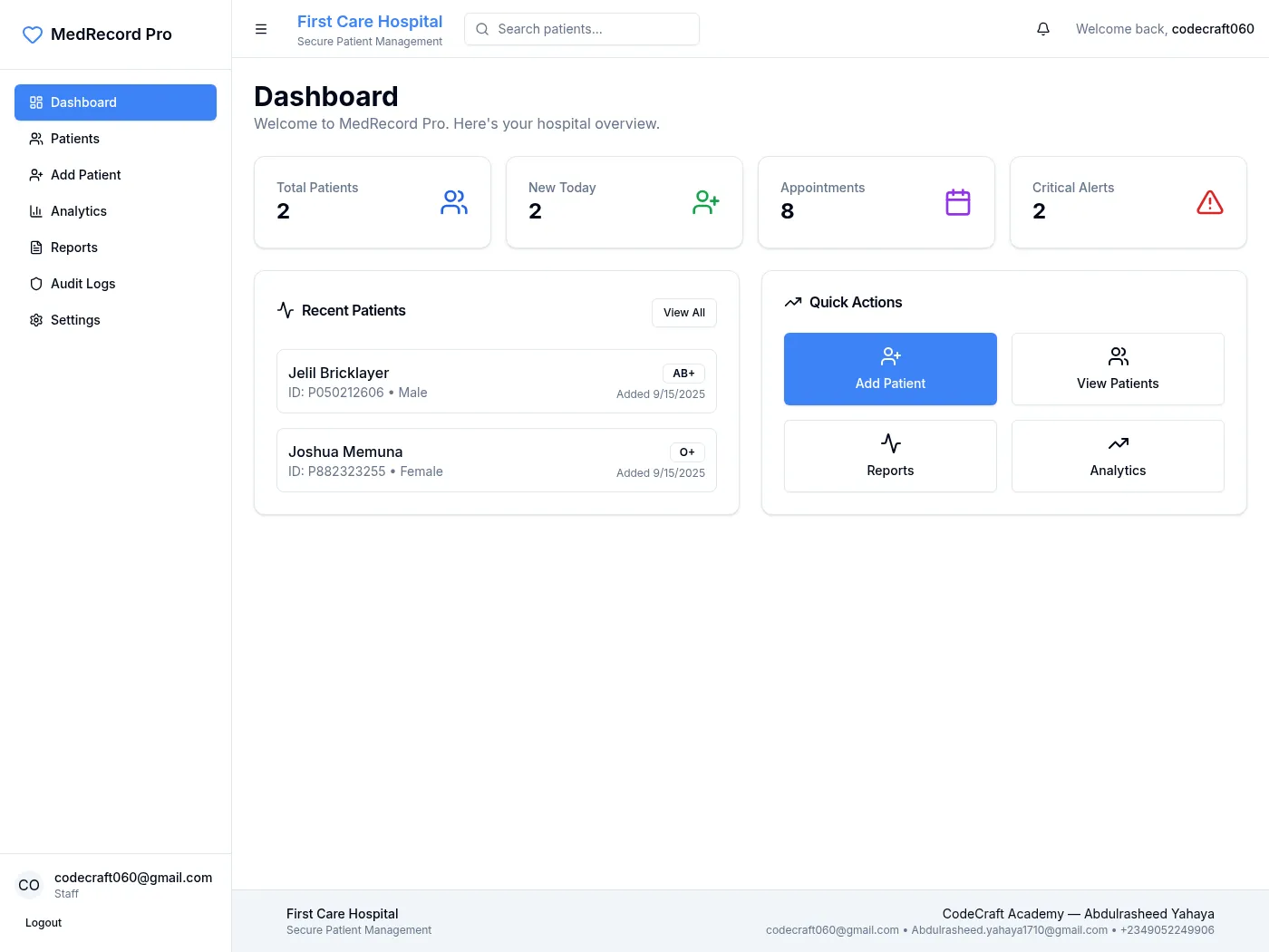 MedRecord Pro: Secure Patient Management for Hospitals