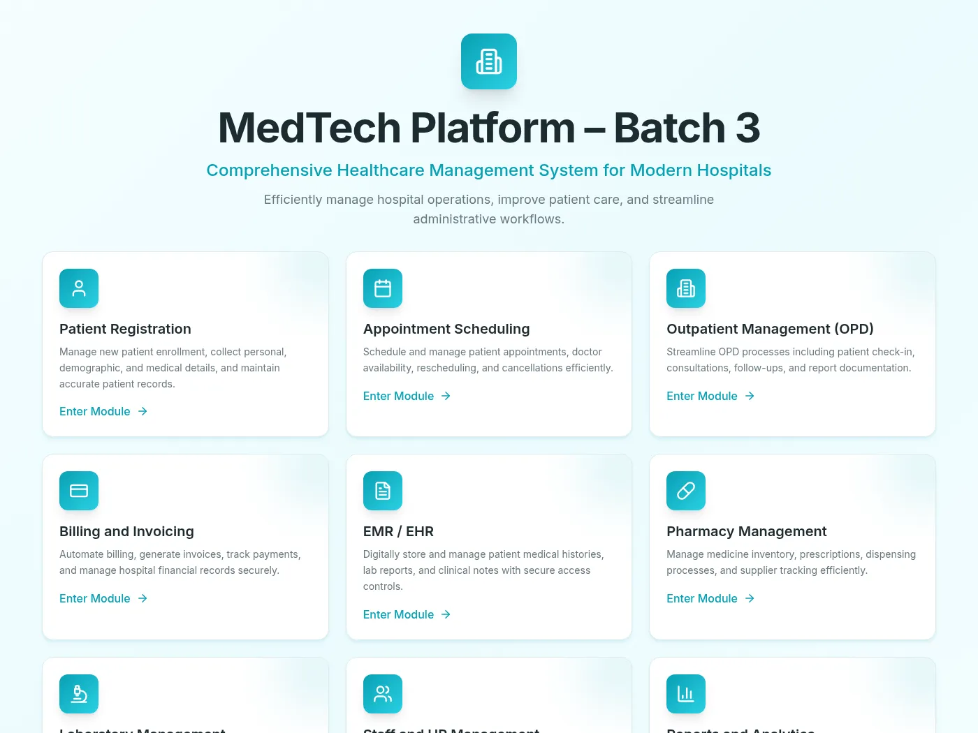 MedTech Platform – Batch 3: Professional Healthcare Management Dashboard Entry